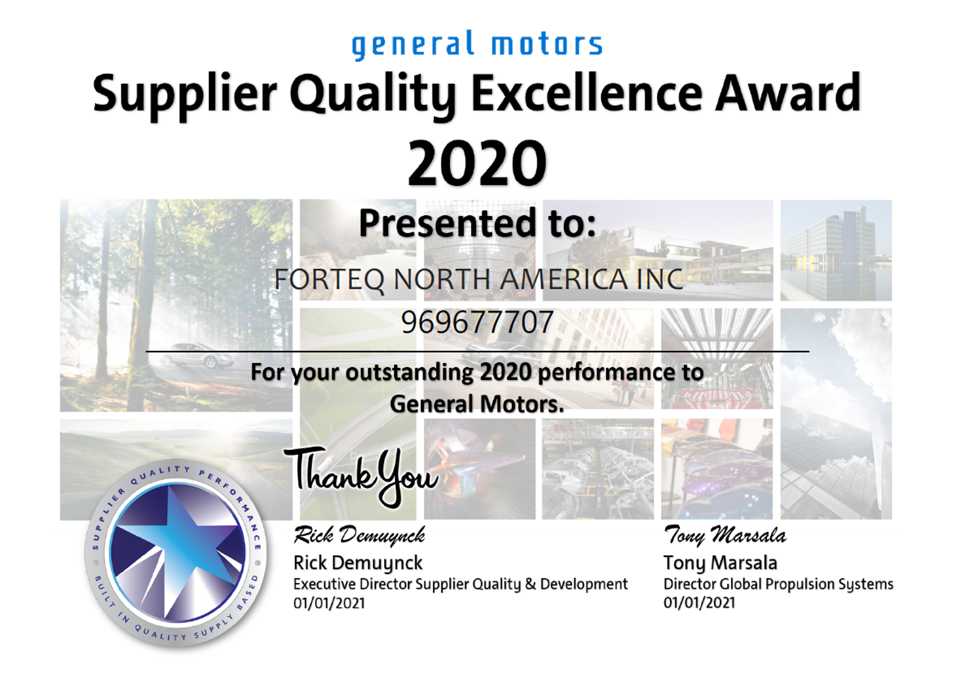 General Motors Supplier Quality Excellence Award | forteq Group